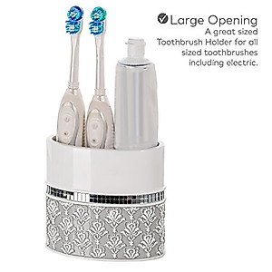 Creative Scents 4 Piece Bathroom Accessory Set - Bathroom Decor Set Accessories Includes: Liquid Soap Dispenser, Bar Soap Dish, Toothbrush Holder and Tumbler - Mirror Damask Style (White and Gray)