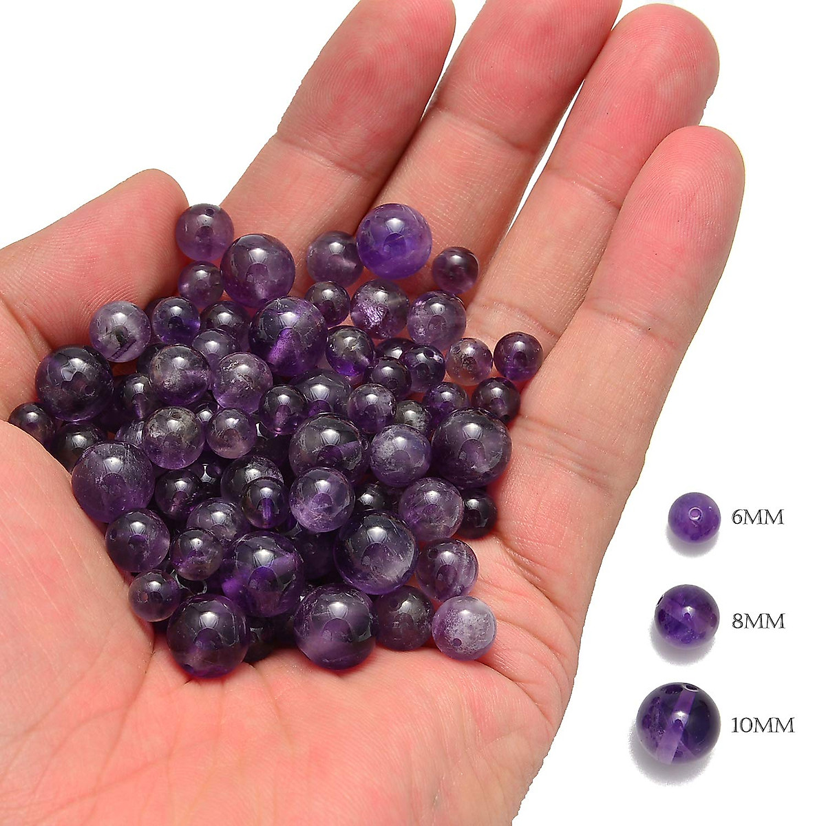 NCB 100pcs Original Natural Stone Beads Gemstone Round Loose Beads 6mm 8mm 10mm (Amethyst, 6mm 100Beads)