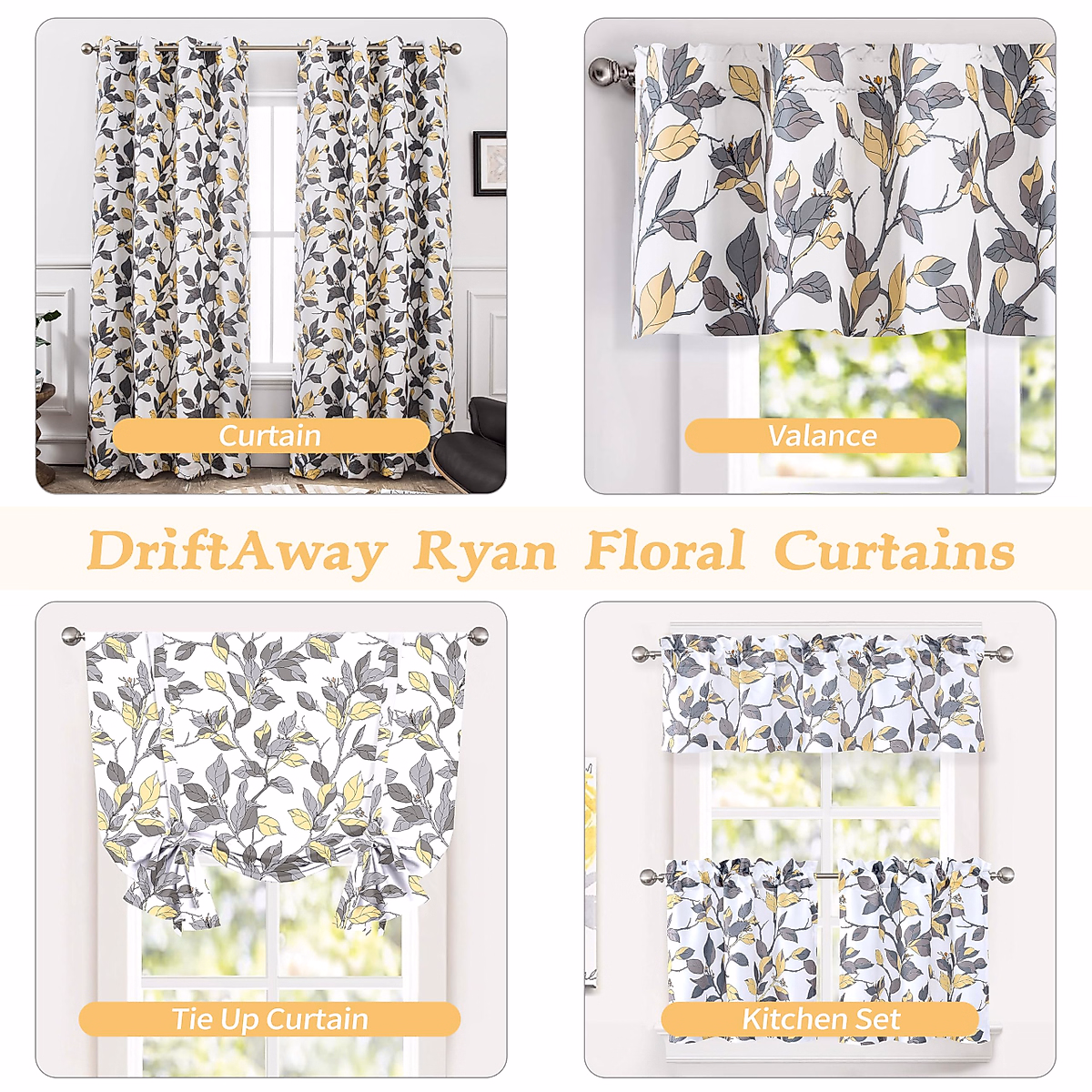 DriftAway 3 Piece Kitchen Curtains with Valance and Tier Sets Yellow Floral Branch Farmhouse Light Filtering 24 Inch Kitchen Window Curtains Over Sink for Bathroom Living Room