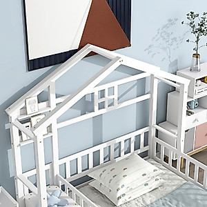 Twin Size Floor Bed with Bedside Stand,Kids Montessori Floor Bed with House-Shaped Headboard,Twin House Bed Frame for Kids,Girls,Boys,White