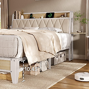 ONBRILL Queen Bed Frame with Side Storage Shelf, Ergonomic Upholstered Headboard with Charging Station, Queen Size Platform Bed Frame, Metal Slats Support, No Box Spring Needed, Easy Assembly, White