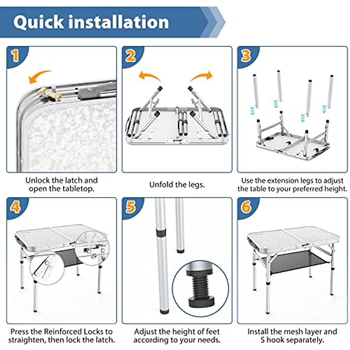 Sportneer Camping Table, Adjustable Height Small Folding Table with Mesh Layer Portable Camp Tables with Aluminum Legs for Outdoor Camp Picnic Beach BBQ Cooking (23.6" L x 15.7" W (3 Height))