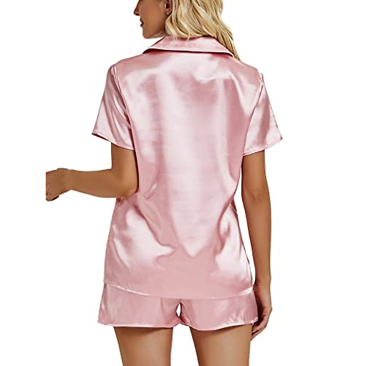 Vrtige Women's Satin Pajamas Set Short Sleeve Button Down Shirt With Shorts PJs Set Loungewear Baby Pink Medium
