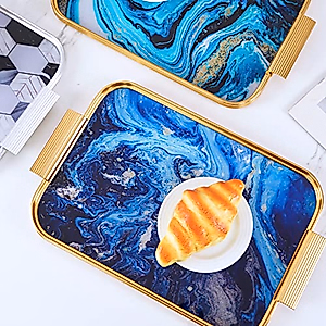 Dalimfun Glass Decorative Tray, Blue Marbling Serving Tray with Handles, Rectangular Coffee Table Tray, Decor Tray for Ottoman, Bar, Vanty, Makeup Perfume Organizer, 15.6 X 10 Inch