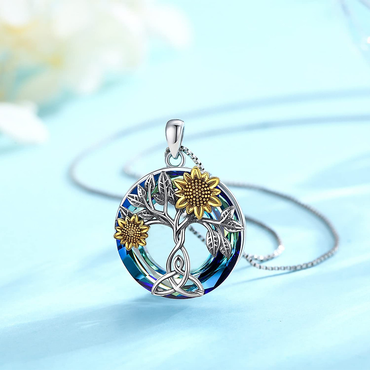 Sunflower Necklace 925 Sterling Silver with Crystal Sunflower Necklace Tree of Life Pendant Sunflower Jewelry Gifts for Women Mom Wife