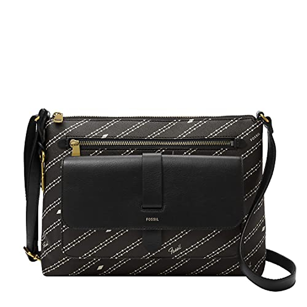 Fossil Women's Kinley Faux Leather Large Crossbody Purse Handbag, Black Signature Print (Model: ZB1643104)