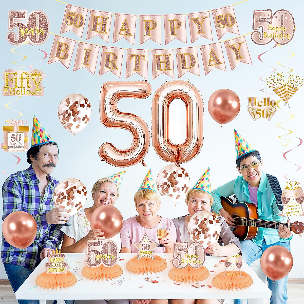 Crenics Rose Gold 50th Birthday Decorations for Women - Happy 50 Birthday Banner, Honeycomb Centerpieces, Hanging Swirls and Balloons for 50 Birthday Party Supplies