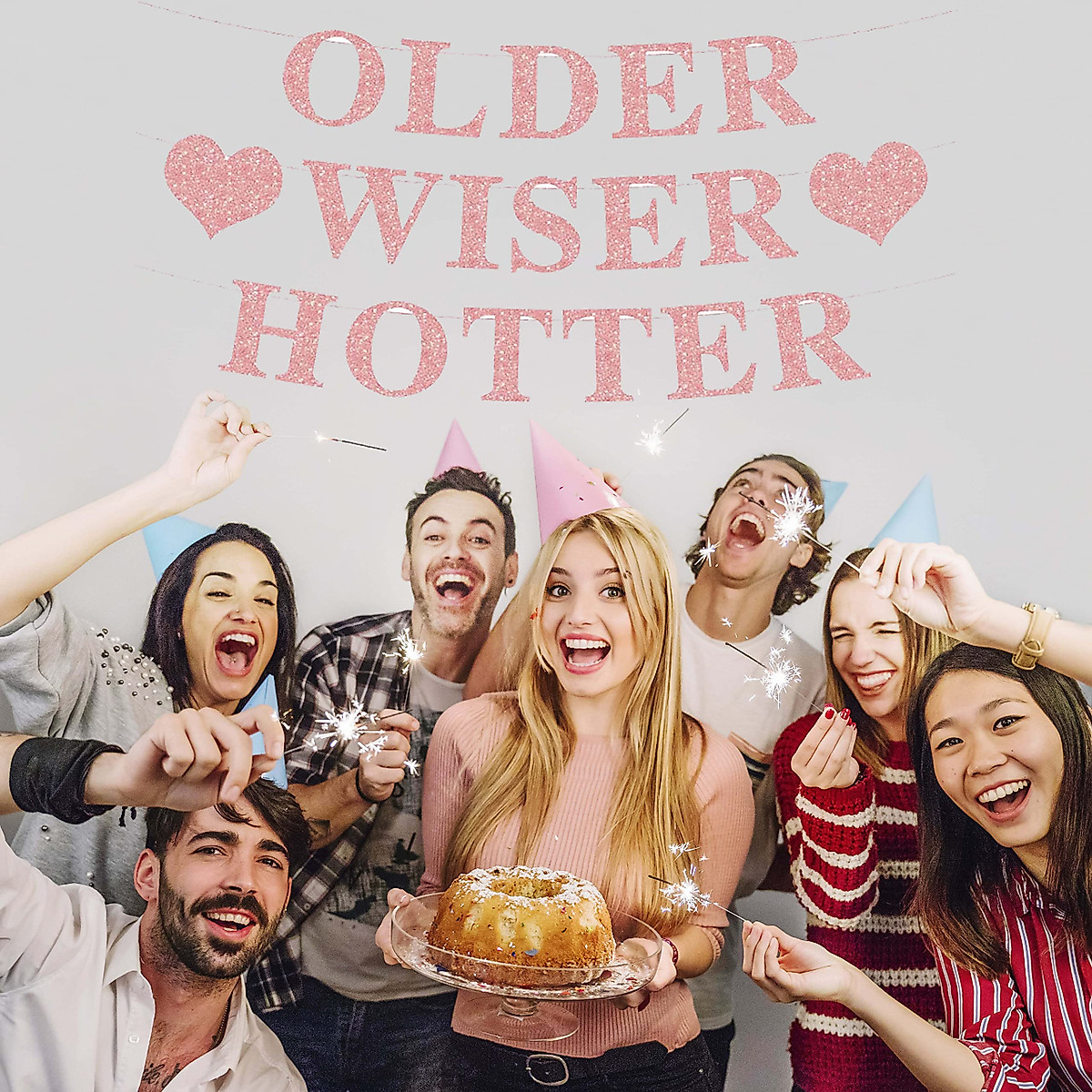 Older Wiser Hotter Banner Funny Birthday Party Decorations for Women Rose Gold Glitter Happy Birthday Banner 21st 30th 40th 50th 60th 70th 80th Birthday Party Supplies (Rose Gold)