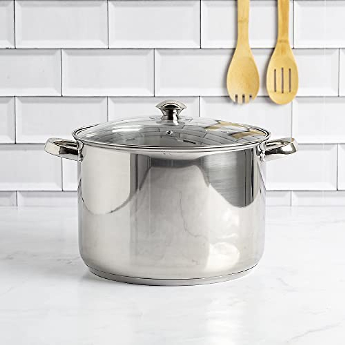 Ecolution Stainless Steel Stock Pot with Encapsulated Bottom Matching Tempered Glass Steam Vented Lids, Made Without PFOA, Dishwasher Safe, 12-Quart, Silver