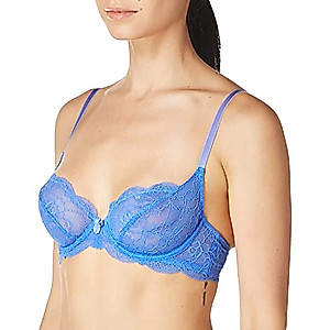 Undies.com Women's Microfiber Lace Unlined Underwire Balconette Bra, Cornflower, 38D