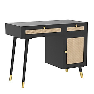 Anmytek Rattan Vanity Desk with Drawers and Storage, Black Makeup Vanity Table Modern Home Office Desk Computer Desk for Study D0005