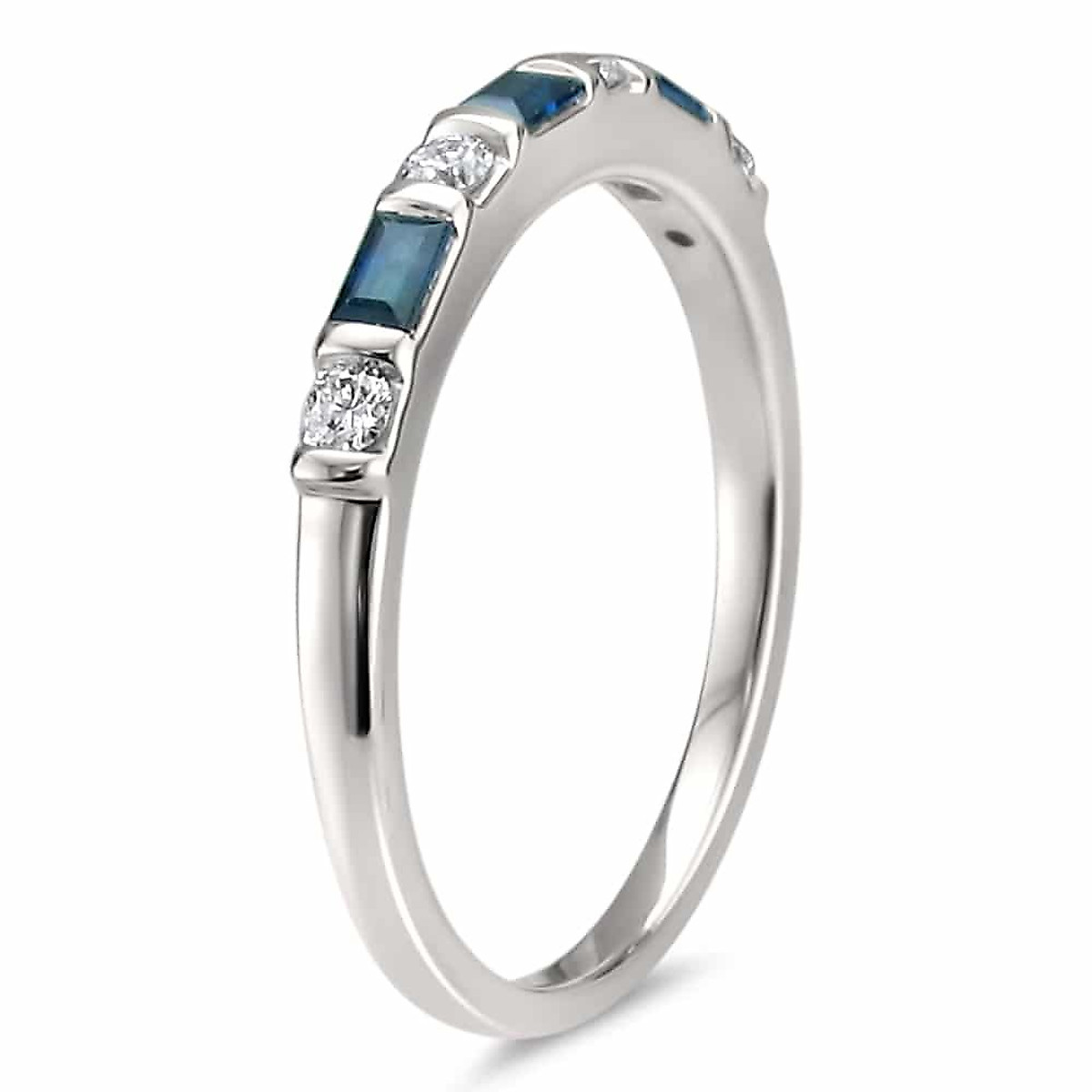 Beyond Brilliance 1/3 Carat Diamond, Channel-Set 14K White Gold Round Diamond & Baguette Blue Sapphire Bridal Wedding Band Ring (H-I, I2-I3) Natural Diamond Wedding Band For Women | Gift Box Included Size-6