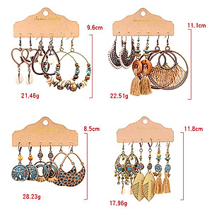 Boho Dangle Earrings Set for Women Long Tassel Dangles Earrings National Style Leather Leaf Drop Earrings Vintage Heart Shell Wooden Beads Hoop Earrings for Holiday
