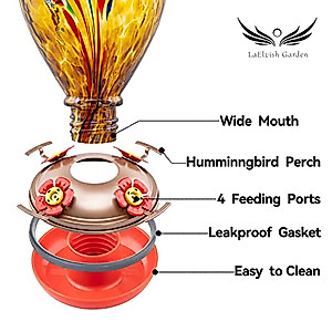 LaElvish Garden Hummingbird Feeder, 34OZ Hand Blown Glass Hummingbird Feeders for Outdoors Hanging, 4 Feeding Perch with Ant Moat Leakproof, Garden Yard Decor Gifts for Women Mom (Golden Balloon)
