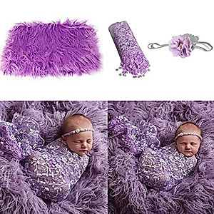 Camidy Baby Photo Props,3pcs Baby Fluffy Blanket + Newborn Wrap + Flower Headband Set Boys Girls DIY Photography Outfits