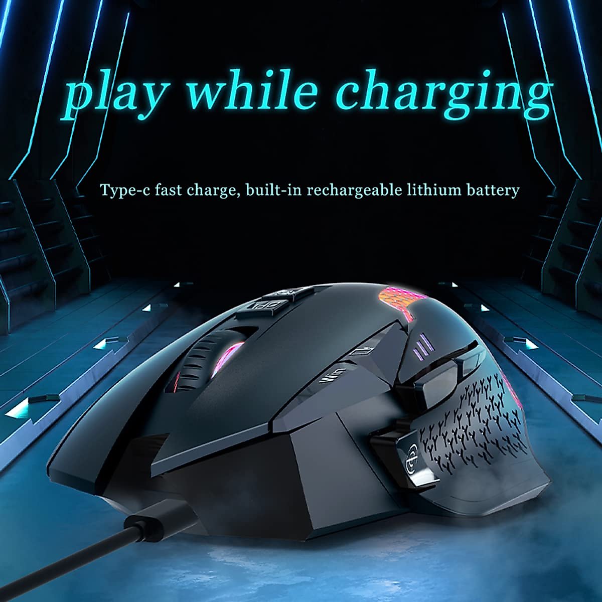 NYIEFADA Wireless Bluetooth Mouse for Laptop Thumb Rest Ergonomic - 4000DPI Rechargeable 10 Buttons/Shortcuts USB-C RGB Silence, Right Hand up for 3 Devices for Laptop Mac PC
