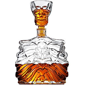 Godinger Whiskey Decanter and Shot Glass, Skull Skeleton Decanter, Halloween Decor, Skeleton Decorations, Liquor Decanter and Whiskey Glass Shot Glass Set, Halloween Decorations - 32oz