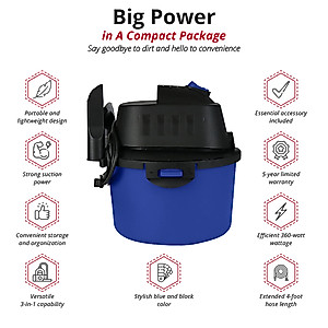 Koblenz WD-2.5 L Portable Wet/Dry, 2.5 Gallon 2.5HP Wall Mountable Vacuum, Blue+Black, 5 Year Warranty