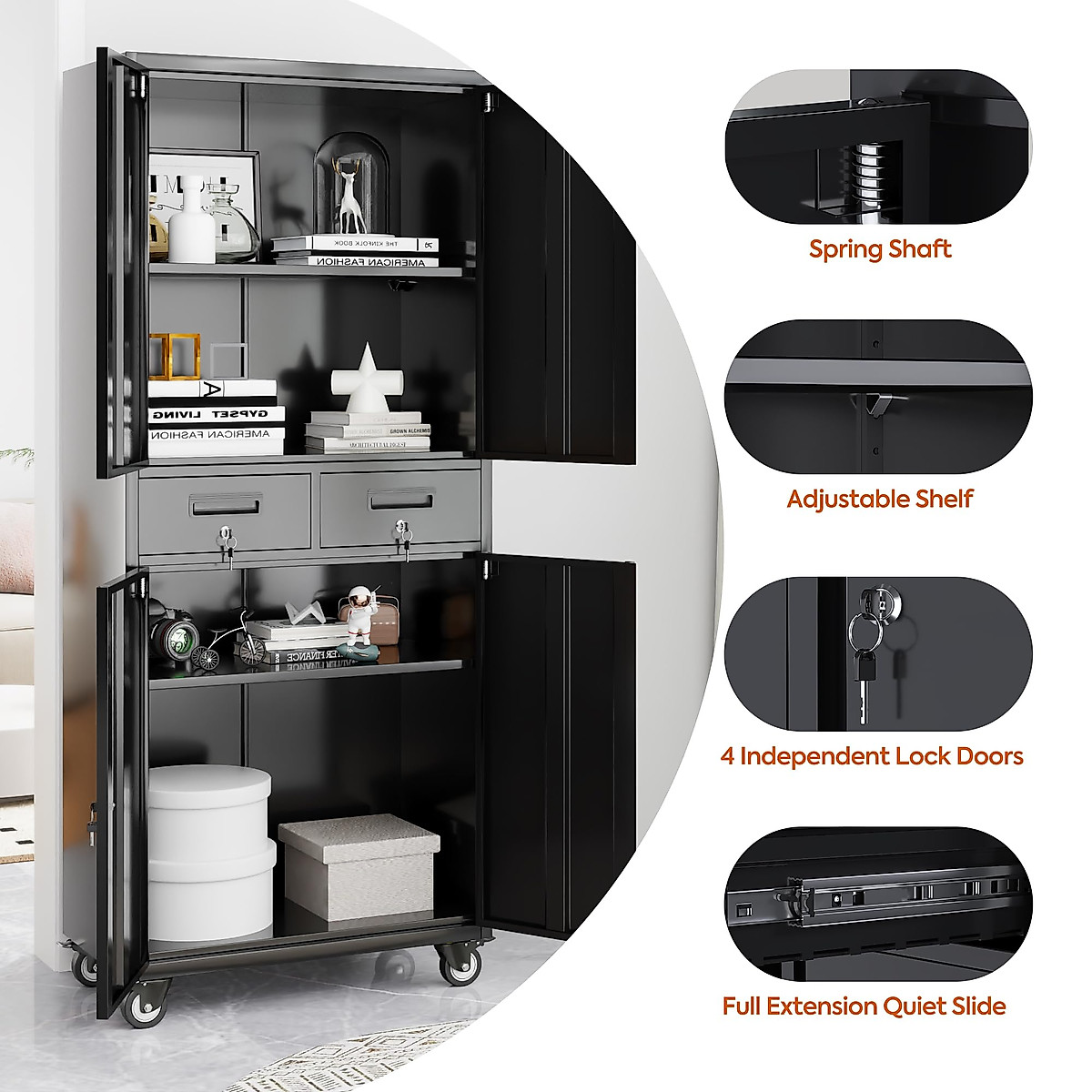 LOCENHU Garage Cabinet with Locking Doors,Tool Storage Cabinet with 4 Wheels and 2 Drawer and Adjustable Shelves- 71" H Rolling Storage Cabinet for Garage,Warehouse,Home,Office,School(Black)