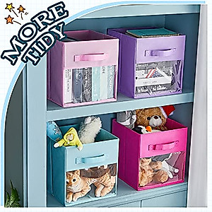 Marsui 8 Pcs Cube Storage Bins with Clear Window 11'' Cube Storage Organizer Bins for Closet with Front Handle Collapsible Storage Cubes Fabric Baskets Box for Collection (Blue, Purple, Rose, Pink)