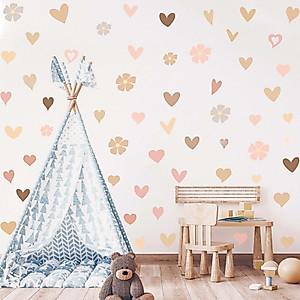 Colorful Flowers Wall Decals Boho Wall Stickers Pastel Hearts Wall Art Stickers Girls Bedroom Decor Pink Floral Decals Peel and Stick Heart Vinyl Murals Wallpaper for Kids Baby Room Nursery Decoration