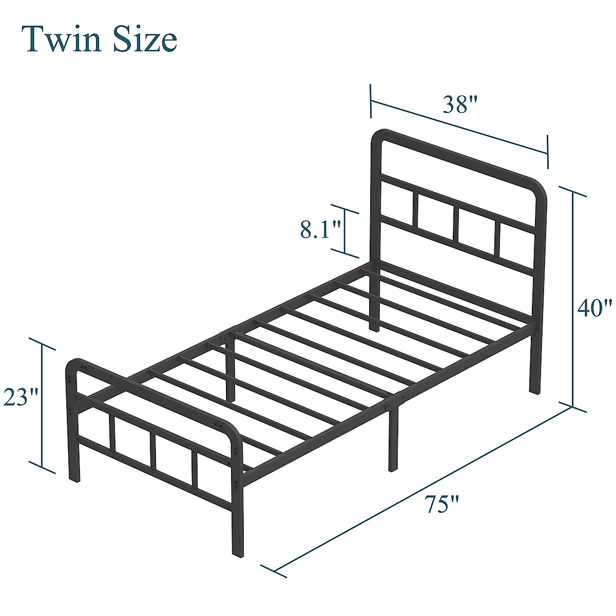 Richwanone 14 inch Twin Bed Frame with Headboard and Footboard, Metal Bed Frame with Steel Slat Support, No Box Spring Needed, Easy Assembly, Black