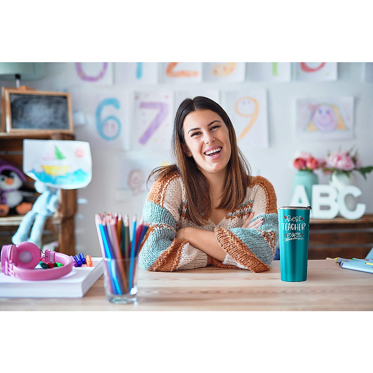 Fancyfams, Teacher Tumbler, 22oz Stainless Steel Mug, Teacher Gifts for Women - Teacher Appreciation Gifts - Gifts for Teachers on Birthday (Best Teacher Ever 22oz - Turquoise)