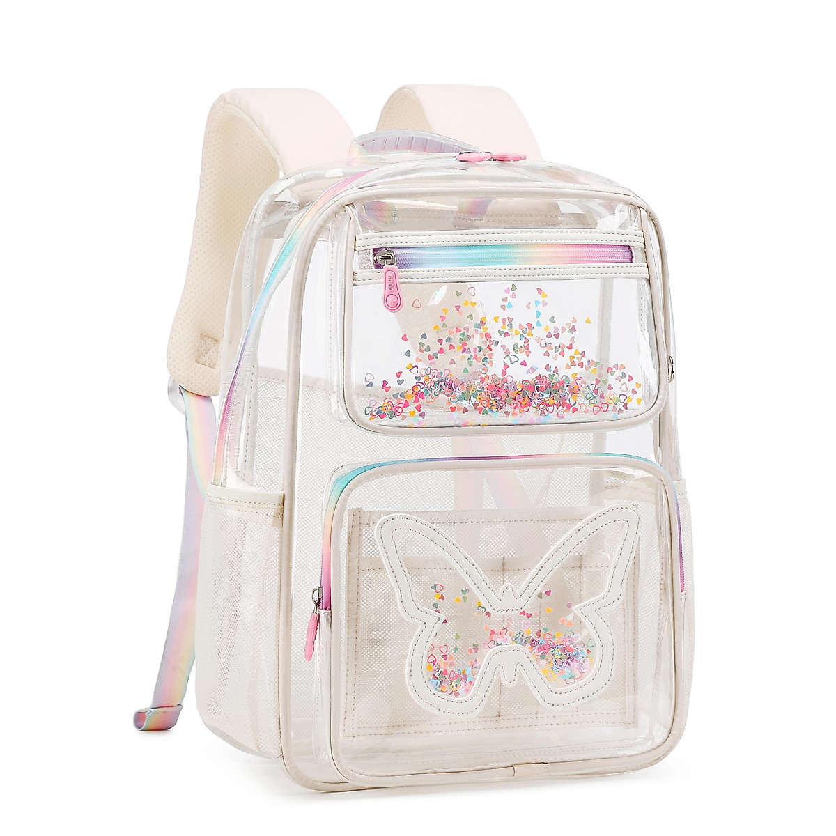 KIDNUO Clear Backpack for Girls Kids Elementary Bookbags Transparent Stadium Approved Travel Daypack See Through Middle College School Bag Large Laptop Backpacks for Women Teens Students (Beige)