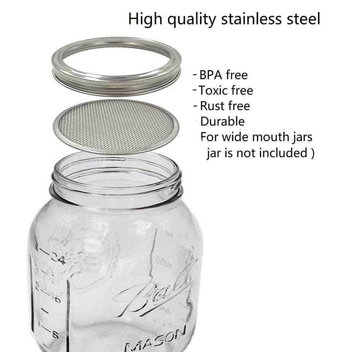THINKCHANCES Food Safe,BPA Free Rust Resistant Stainless Steel Sprouting Screen Lids and Bands for Wide Mouth Mason Ball Canning Jars for Growing Organic Sprout Seeds at Your Home (Wide Mouth, 3 Pack)