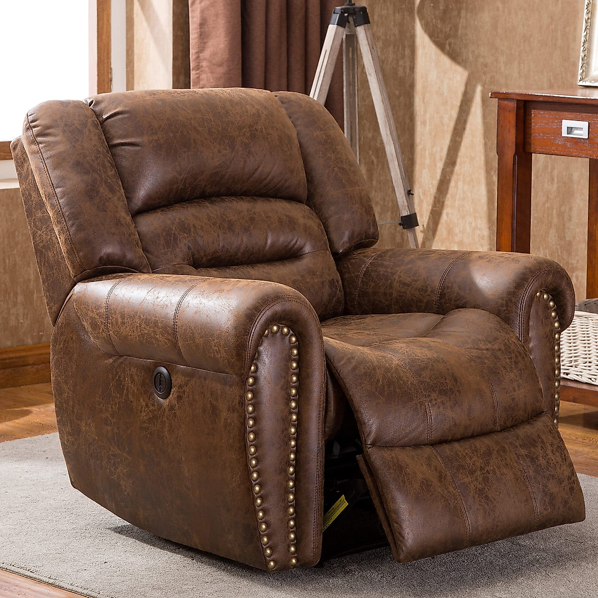 ANJ Electric Recliner Chair W/Breathable Bonded Leather, Classic Single Sofa Home Theater Recliner Seating W/USB Port (Nut Brown)