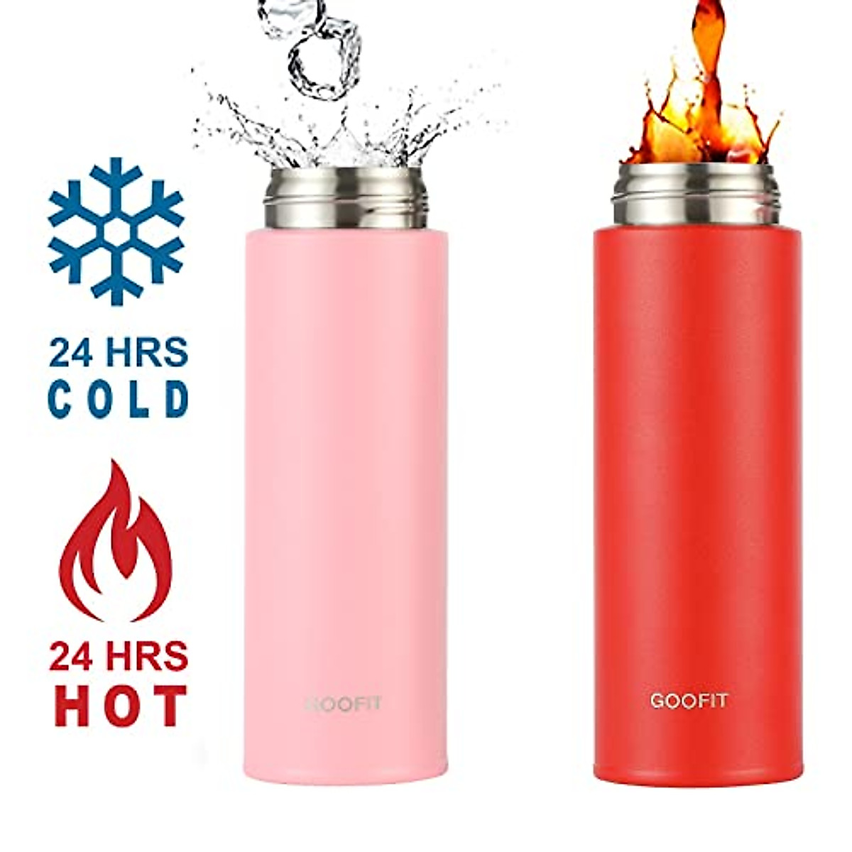 GOOFIT Water Bottle Double Wall Vacuum Insulated Thermos Beverage Coffee Bottle Stainless Steel Travel Mug Thermos Flask BPA Free Keeps Cold 24H Hot 24H 16 Oz Red