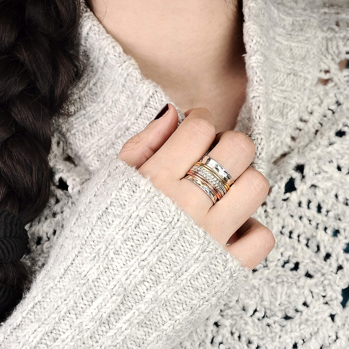 Boho-Magic 925 Sterling Silver Spinner Ring with Brass and Copper Fidget Rings for Women Wide Band (9)