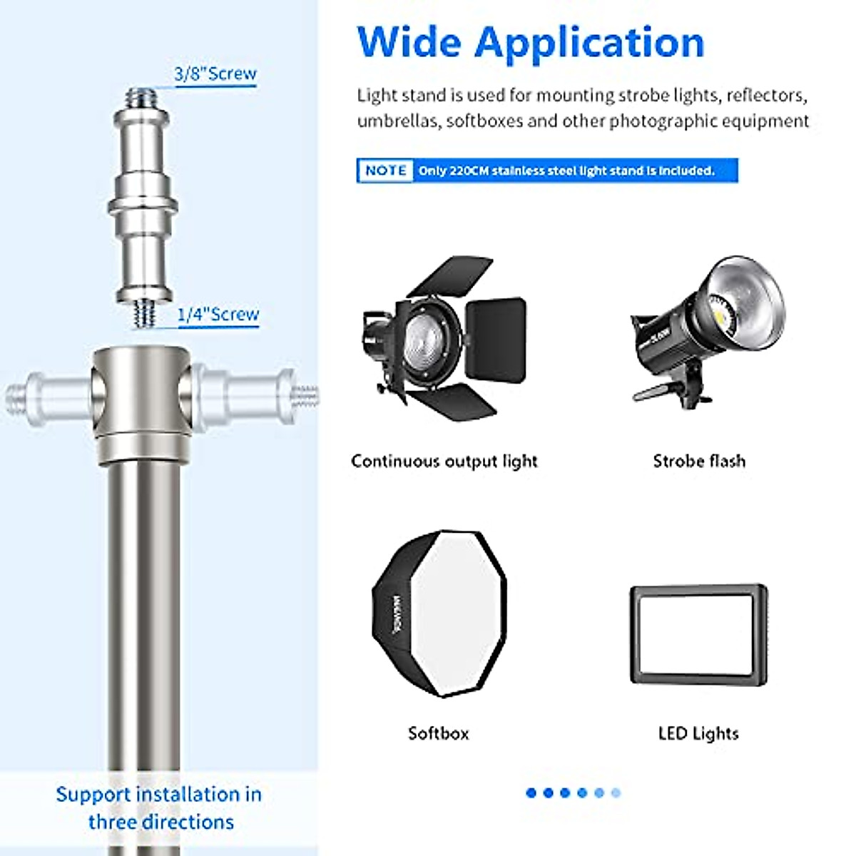 NEEWER 79"/2m Stainless Steel Light Stand, Spring Cushioned Heavy Duty Photography Tripod Stand with 1/4” to 3/8” Universal Screw Adapter for Strobe, LED Video Light, Ring Light, Monolight, Softbox