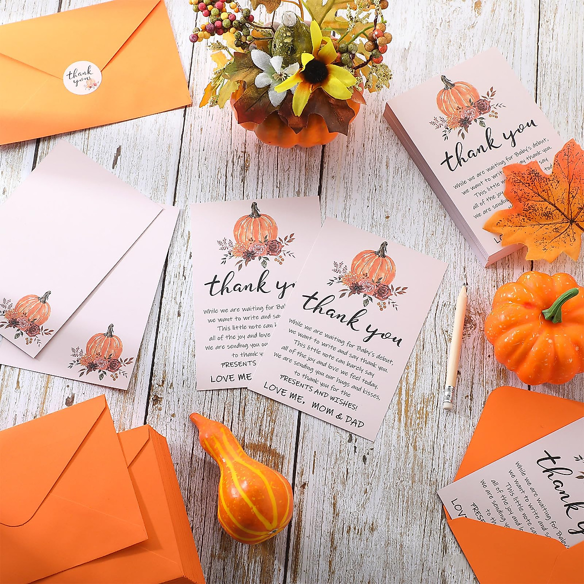 Cholemy 50 Set Fall Baby Shower Thank You Cards Bulk Autumn Leaves Pumpkin Thank You Note Cards with Envelopes Stickers Thanksgiving Blank Greeting Cards for Wedding Baby Shower