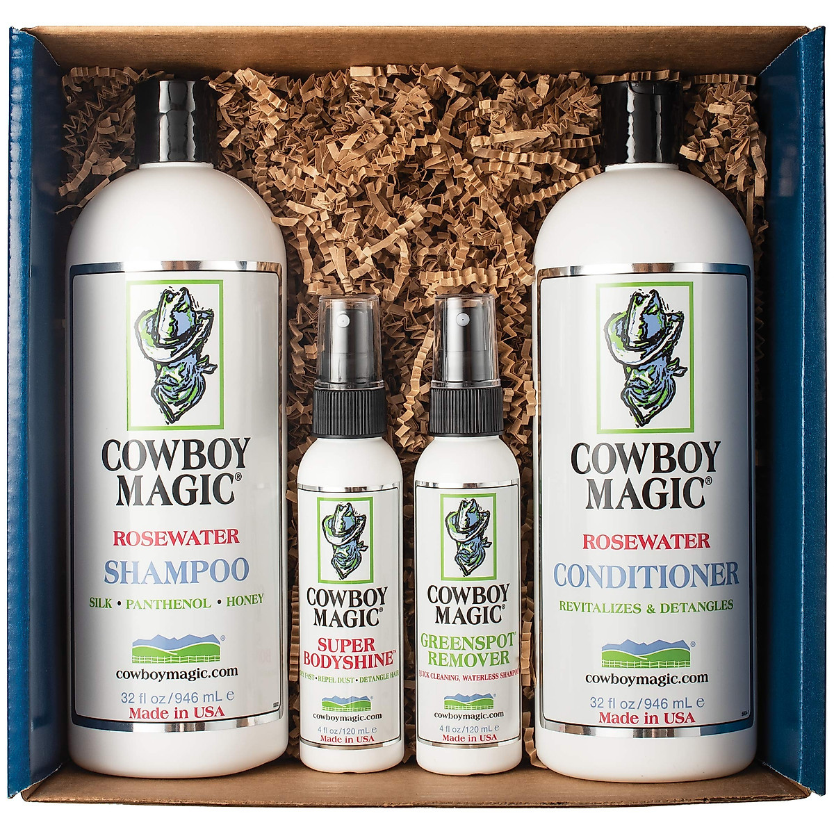 Cowboy Magic Show Ready LIMITED EDITION Box Set - 32 Oz Rosewater Shampoo, 32 Oz Conditioner, 4 Oz Greenspot Remover, 4 Oz Superbody Shine, and Bonus Gifts
