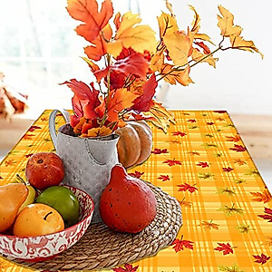 Set of 4 Fall Plastic Tablecloths Pumpkin Maple Leaf Table Covers Fall Plaid Disposable Tablecloths Autumn Checkered Waterproof Tablecloth for Thanksgiving Party Supplies Halloween, 54 x 108 Inch