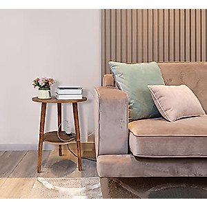 Round Side Table with Charging Station, Mid Century Modern Nightstand, End Table with USB Ports & Power Outlets, Farmhouse Bedside Table, Small Night Stand End Side Tables for Living Room Bedroom