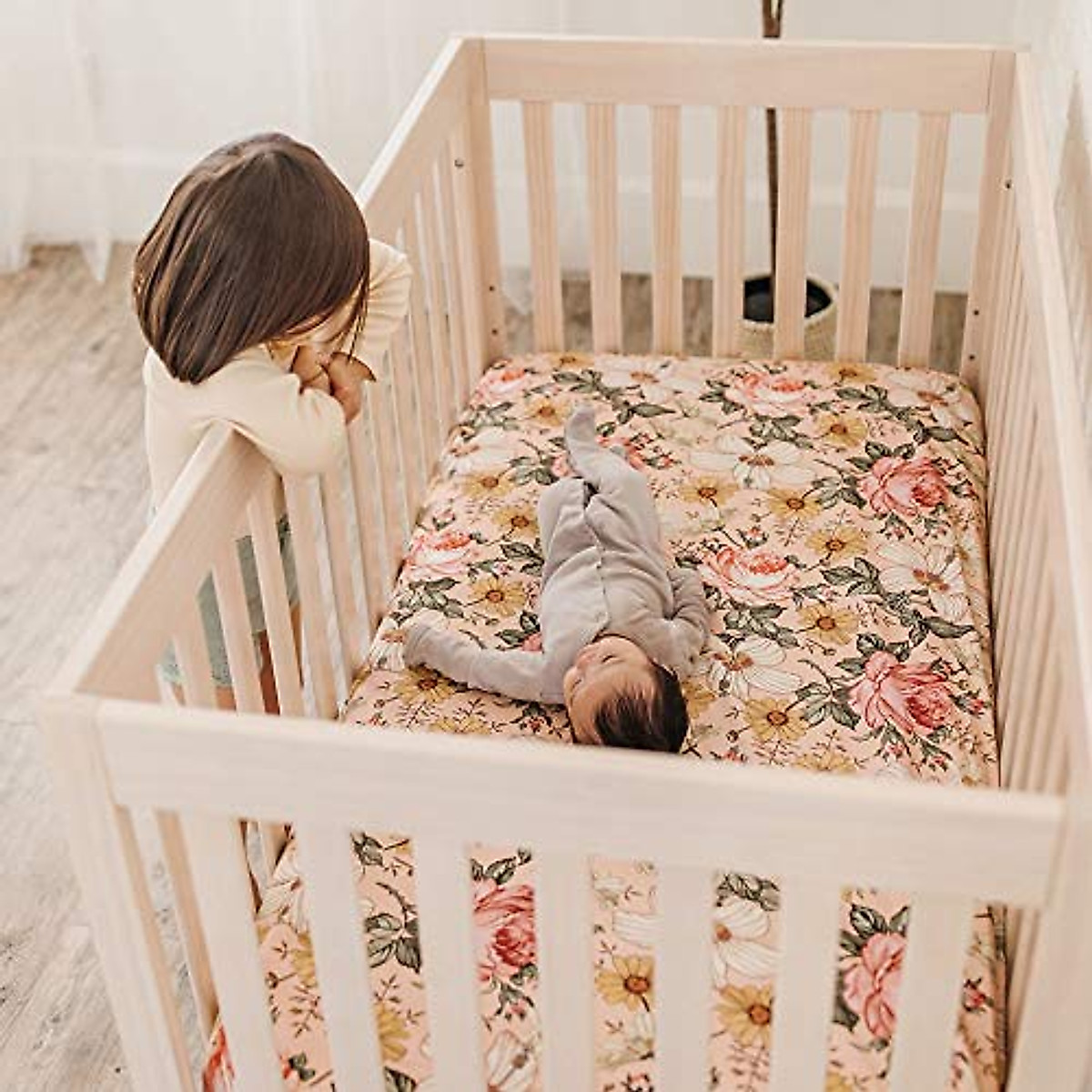 Fitted Crib Sheet - Garden Floral Pattern Design, Woven 100% Cotton (Rose Pink, Regular (28x52x9) in)