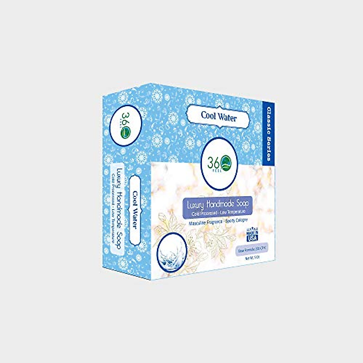 360Feel Men's Cool Water Cologne Soap -Large 5oz Organic Castile Handmade Soap bar -Bold Masculine fragrance- Pure Essential Oil Natural Soaps- Made in USA