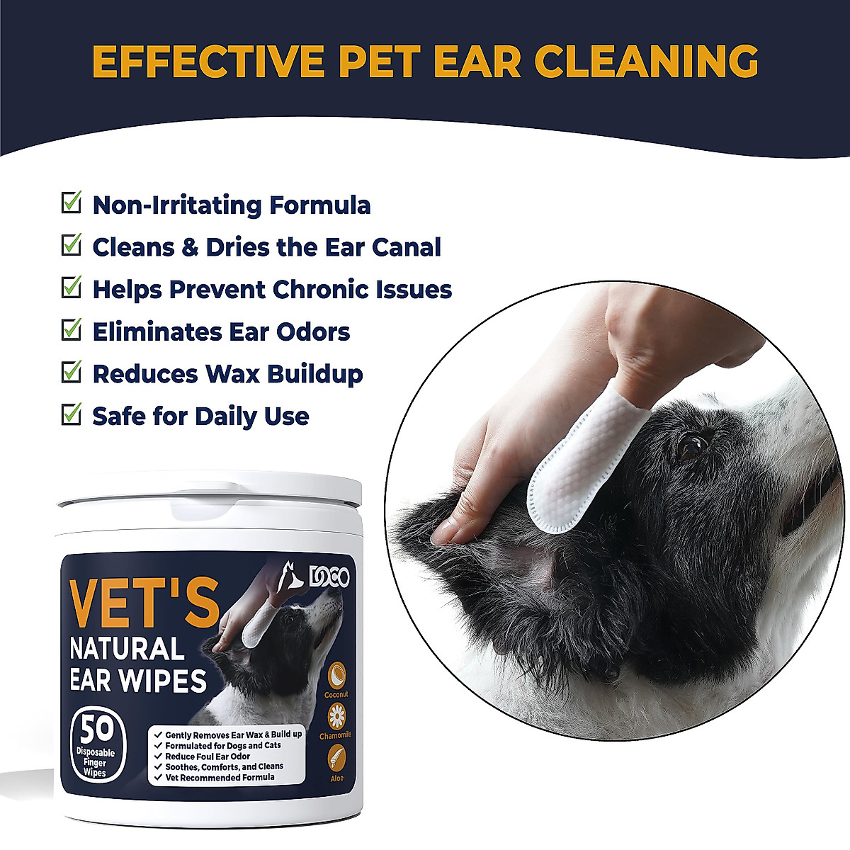 DOCO Dog Ear Wipes - All Natural Finger Veterinary Pet Ear Wipes with Eucalyptus, Aloe - 50 Count