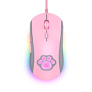 PHNIXGAM Cat Paw RGB Gaming Mouse, Silent Optical Computer Mice USB Wired with 6 Adjustable DPI Up to 7200, RGB Lighting, 6 Programmable Buttons for Windows/Vista/Linux (Pink)