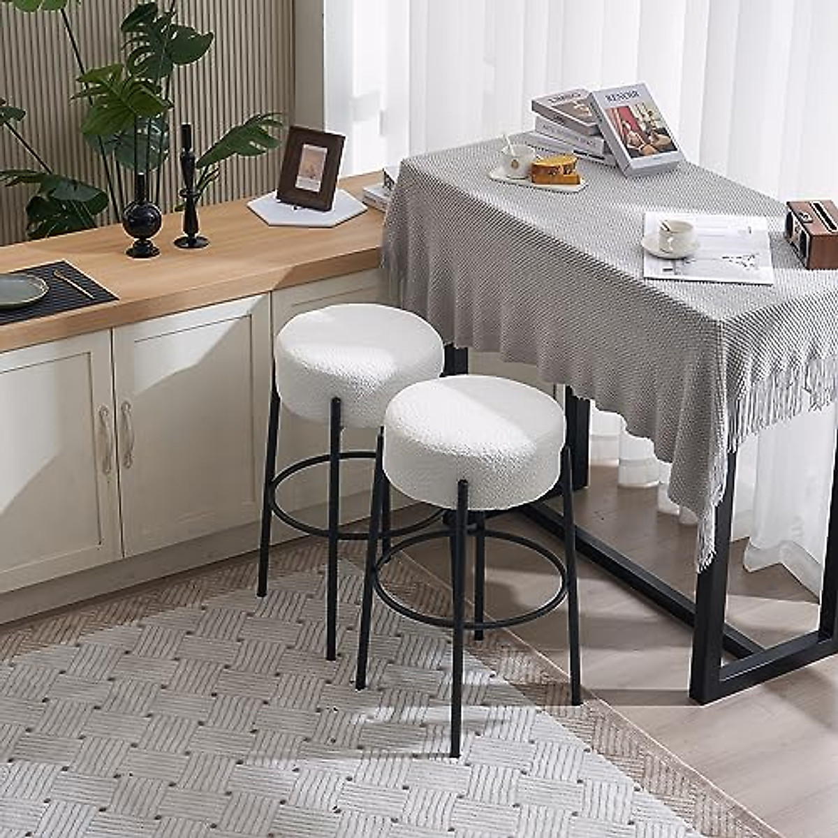 Dolonm 30 Inch Round Bar Stools Set of 2, Teddy Fabric Upholstered, Bouclé and Sherpa Chairs, Backless Kitchen Island Stools, Metal Frame Bar Chairs, Beige with Black Legs (Set of 2)