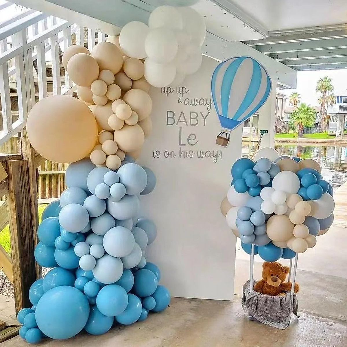 Enanal Up Up and Away Balloon Garland Arch Kit, 152pcs Dusty Slate Fog Baby Blue and Sand White Balloons with Hot Air Balloon and Cloud Foil Balloons for Baby Shower Decoration Teddy Themed Party