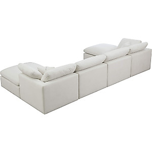Meridian Furniture 602Cream-Sec6B Plush Collection Contemporary Down Filled Comfort Overstuffed Velvet Upholstered Modular U-Shaped Sectional 4-Seater and 2 Ottomans Cream