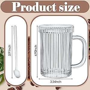 Suclain 4 Pieces Glass Coffee Mugs Clear Vertical Stripes Tea Mug with Lid and Spoon Ribbed Glasses for Espresso Milk Chocolate Latte Juice Anniversary and Birthday, 11.8 oz