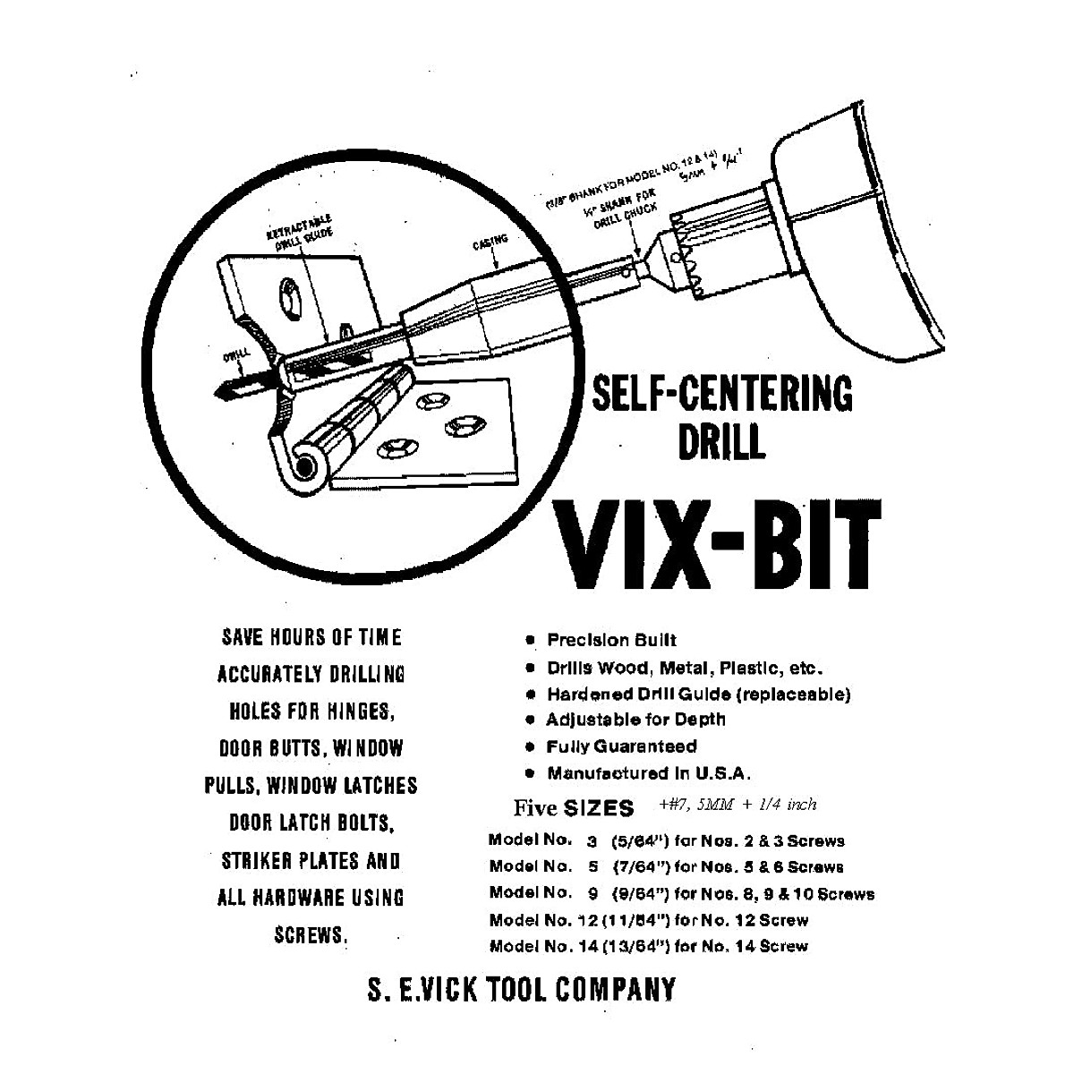 S.E. Vick 3-Piece Set Vix-Bits Self-Centering Drill Bits #3, #5, #9