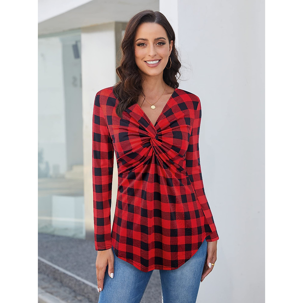 Bulotus Red and Black Plaid Tops for Women, Christmas Tops for Women Dressy Fashion 2022 Long Sleeve Sexy V Neck Shirts for Work Women's Fall Tunics to Wear with Leggings, Red Black Plaid, M