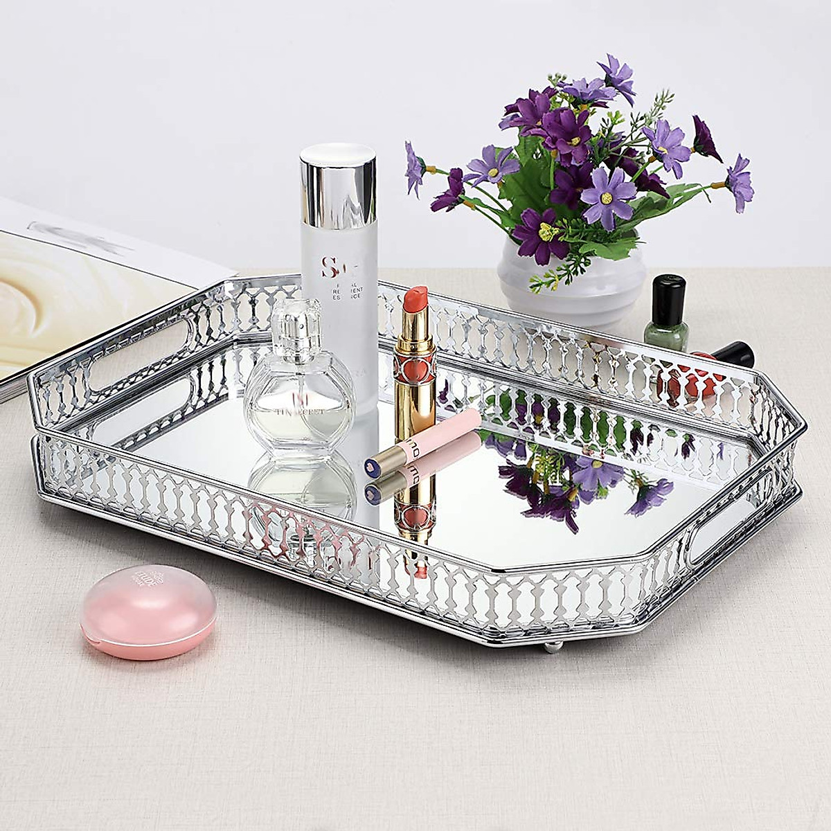 Hipiwe Vanity Makeup Mirror Tray - 13.8" X10" Metal Jewelry Trinket Organizer Tray Cosmetic Perfume Tray Home Decorative Tray for Dresser Bathroom Bedroom Countertop,Large Size