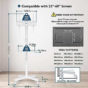Mobile TV Cart for 23-60 Inch LED LCD Flat Curved Screens TVs, Rolling TV Stand with Locking Wheels Holds Up to 55lbs, Height Adjustable Portable Stand with Media Shelf Tray, Max VESA 400x400mm(White)