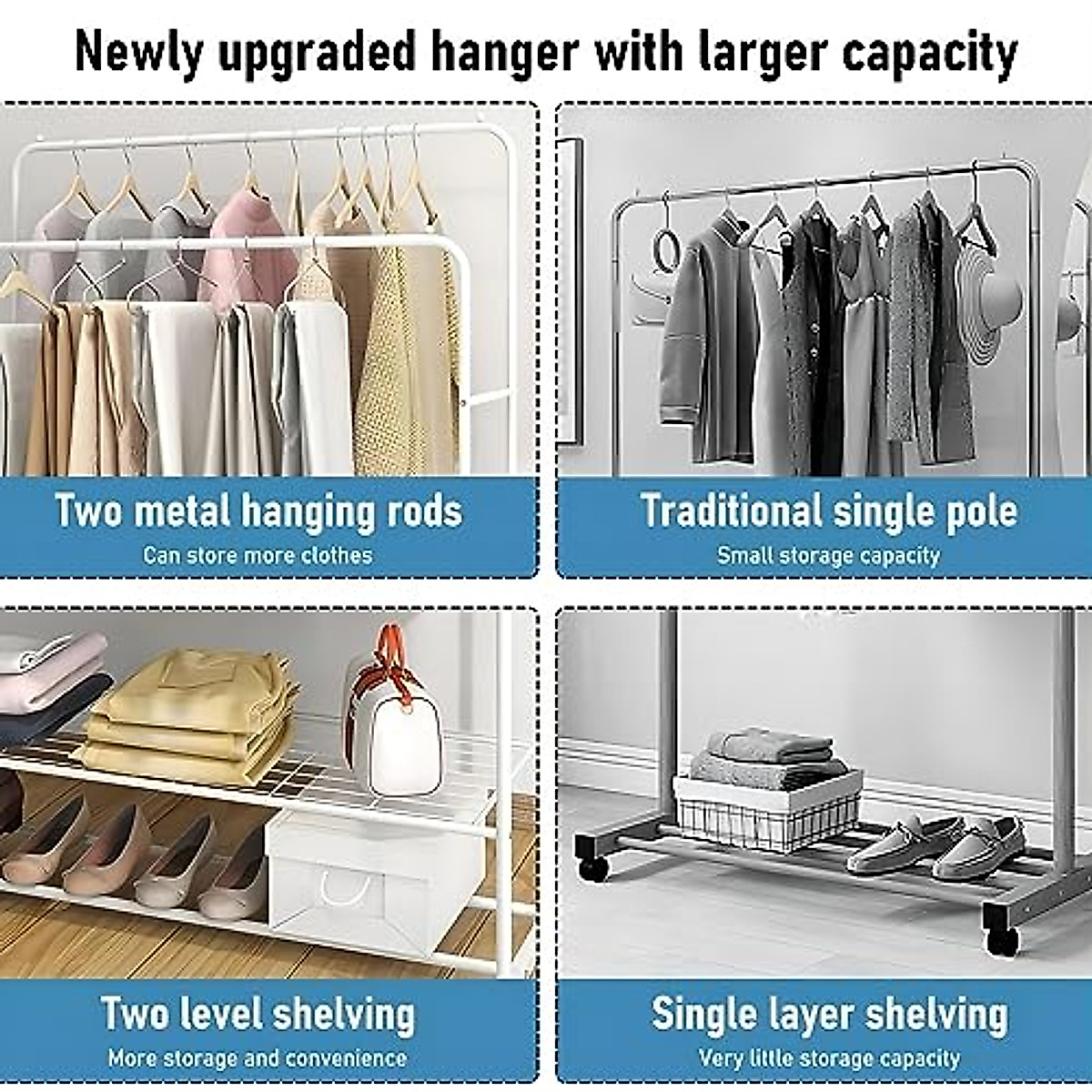 Xshelley Garment Rack Freestanding Clothing Rack Hanger Double Pole Multi-functional Bedroom Clothing Rack, Heavy Duty Metal Clothing Garment Rack with Shelves (White)